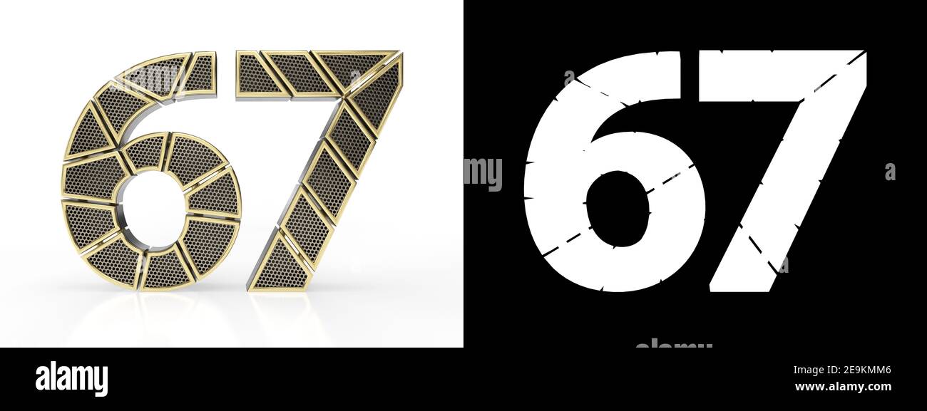 Gold number sixty-seven (number 67) cut into perforated gold segments ...