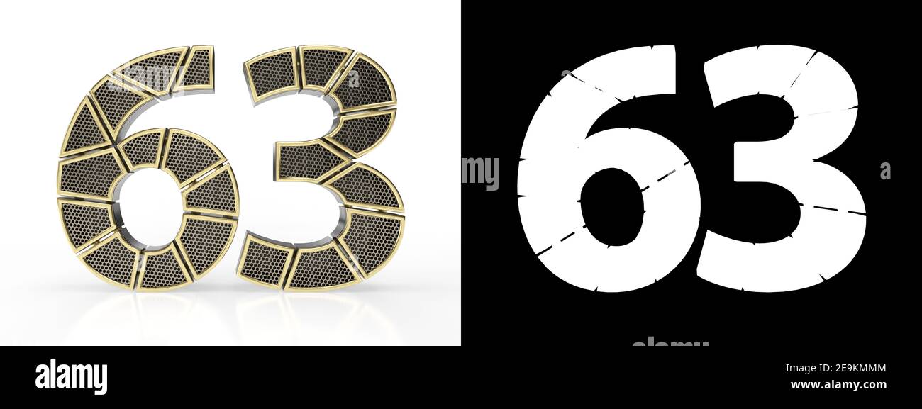 Gold number sixty-three (number 63) cut into perforated gold segments ...