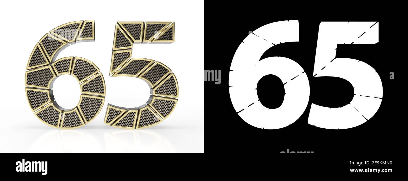 Gold number sixty-five (number 65) cut into perforated gold segments ...