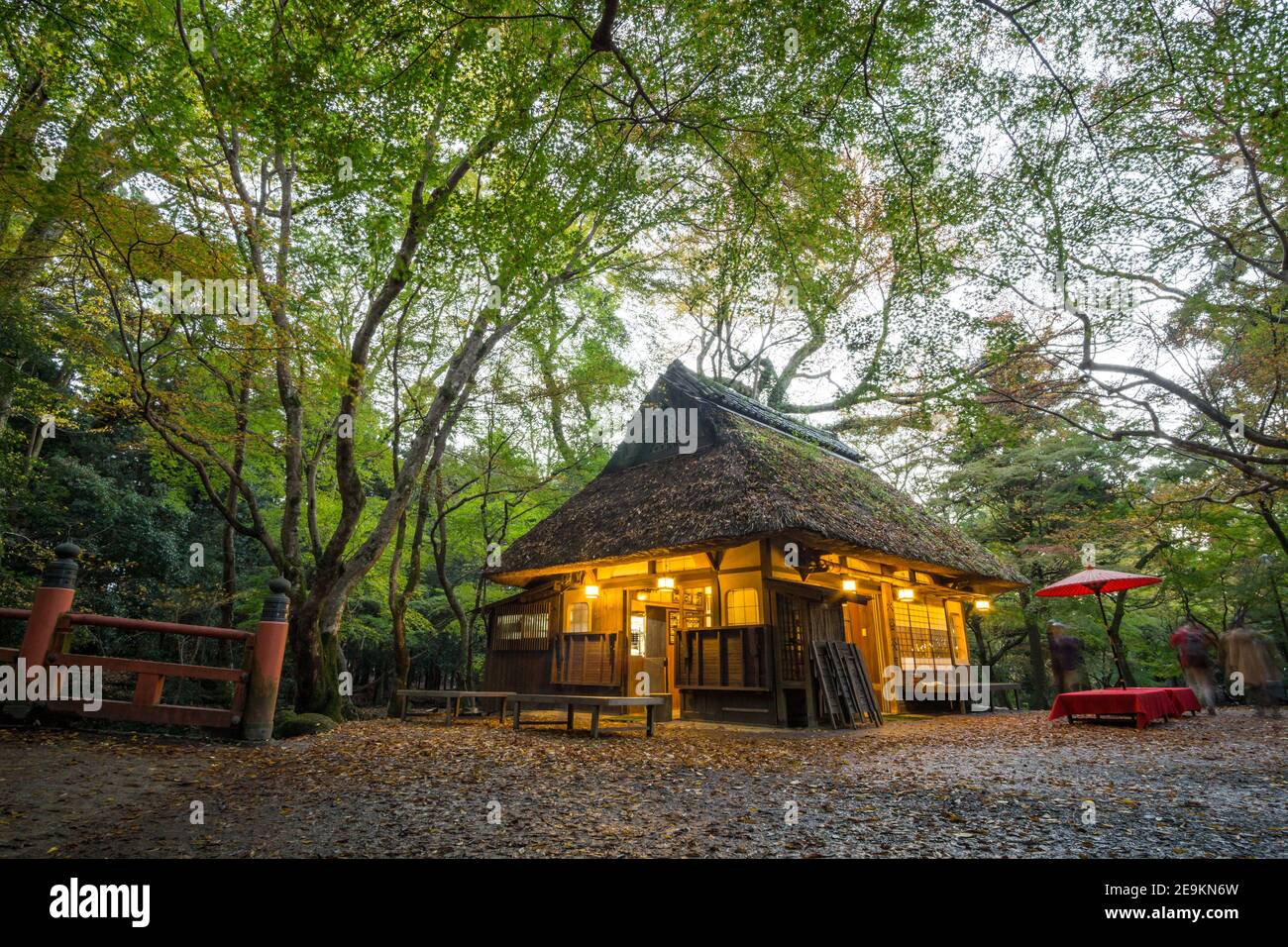 The old, traditional Mizuya Chaya Tea House, in the forest near Kasuga ...