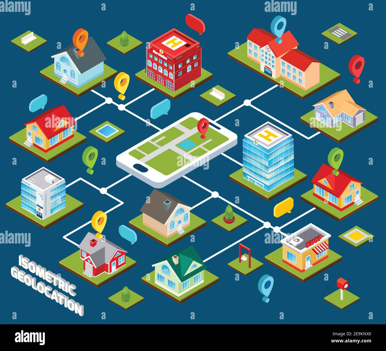 Isometric geolocation concept with 3d buildings connected with mobile phone vector illustration ...