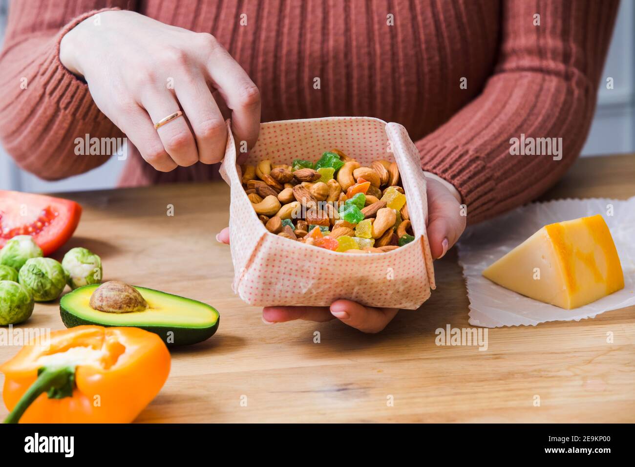 Snack or lunch to take away, wrapped in beeswax cloth Stock Photo - Alamy