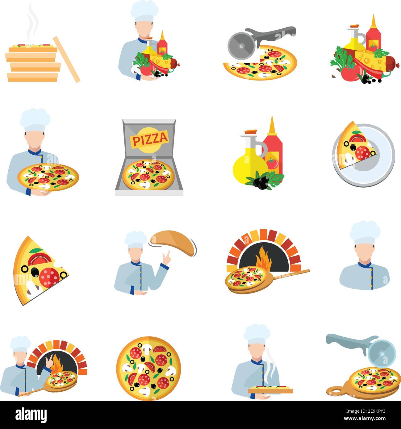 Fast food pizza maker perfect service fresh ingredients flat icons set ...