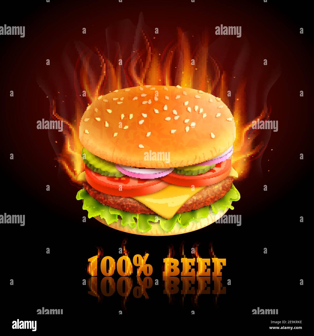Realistic beef hamburger in fire hot fast food background vector ...