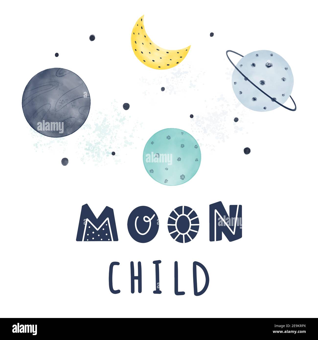 Moon child lettering with cute space illustration with planets, moon ...
