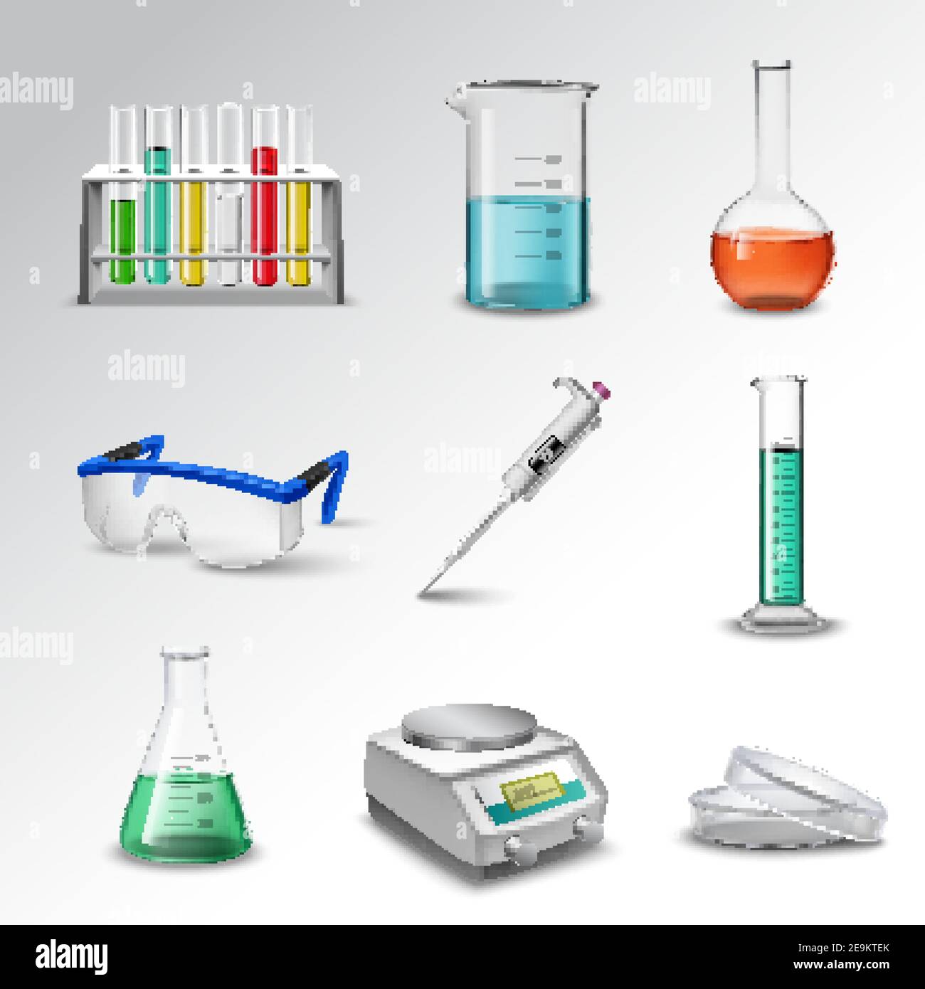 Laboratory glass equipment realistic decorative icons set with flasks ... Laboratory glass equipment realistic decorative icons set with flasks ...