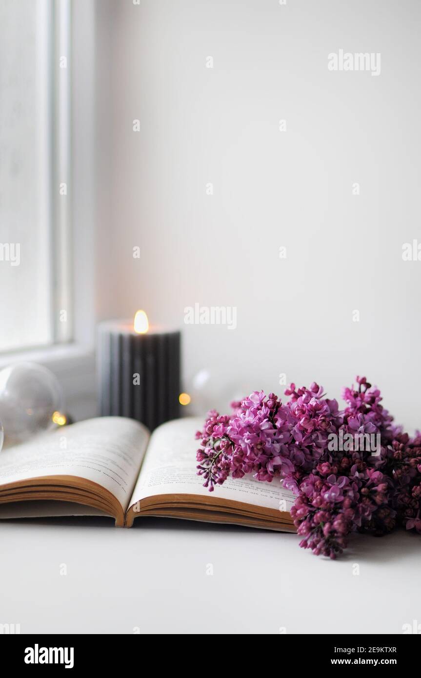 Beautiful composition with opened book and lilac flowers. Romantic ...