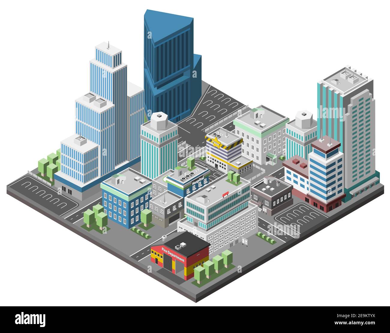 City downtown concept with isometric office skyscrapers and government ...