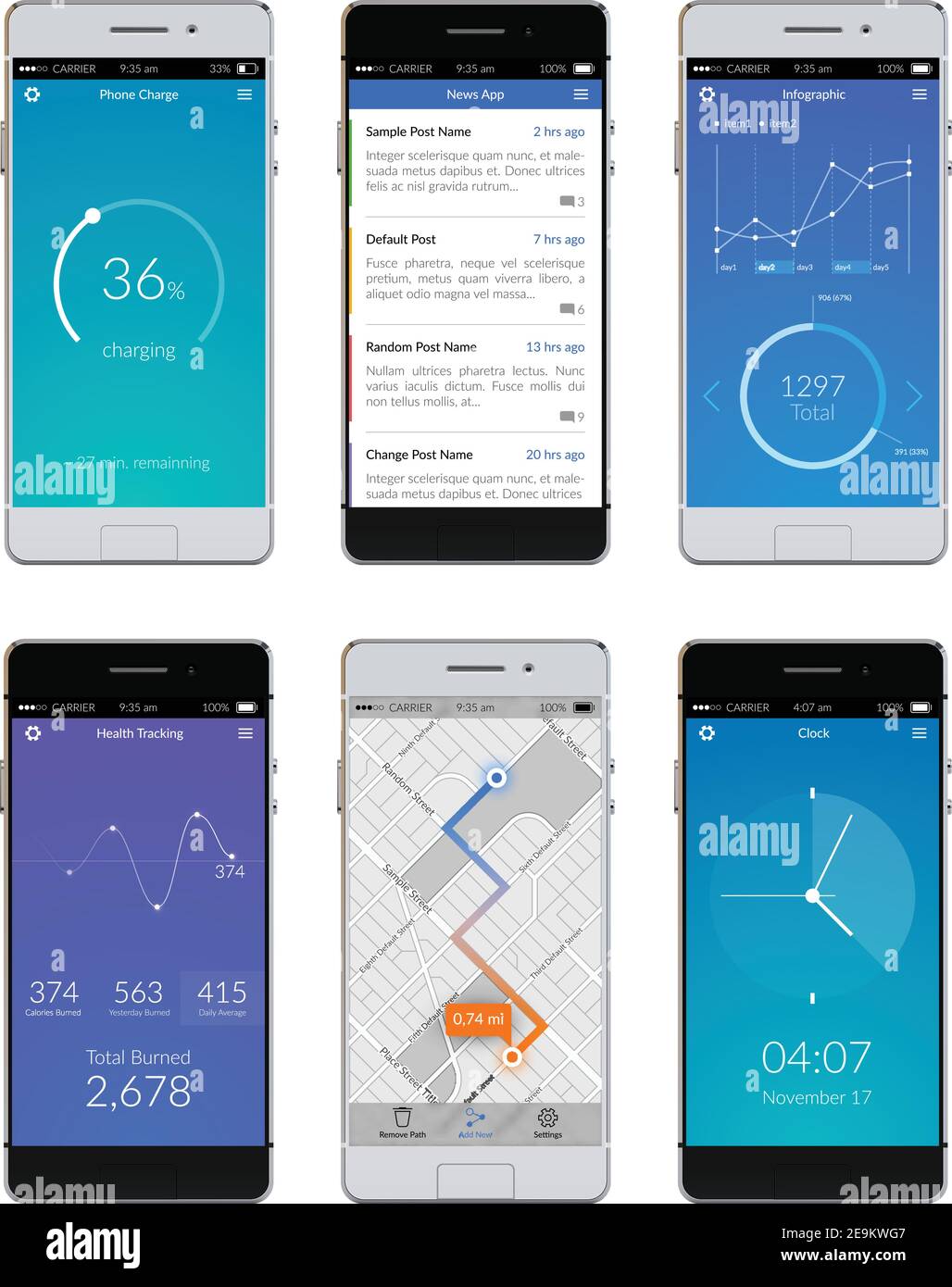 Realistic 3d smartphones set with ui apps on screen isolated vector ...