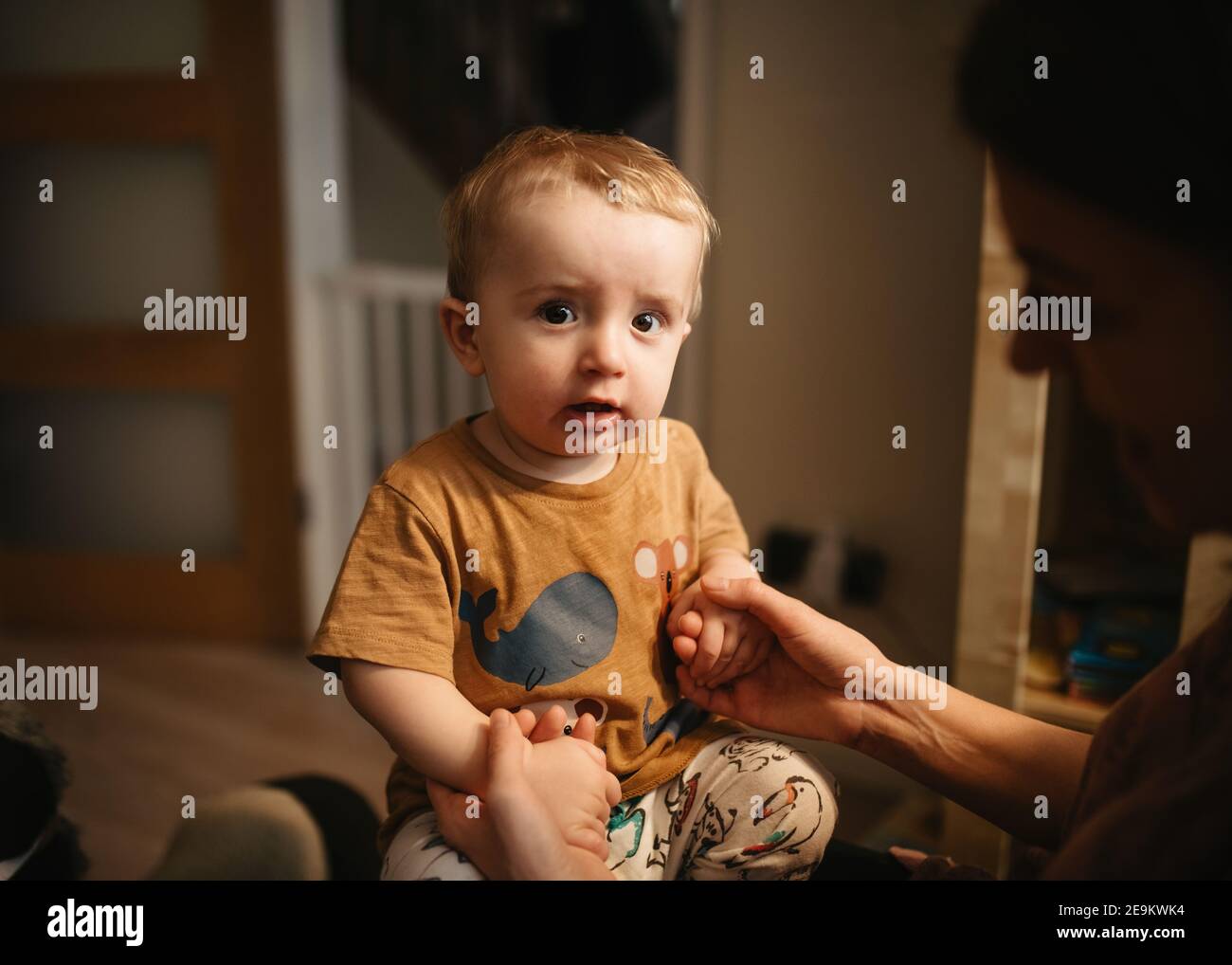 child sitting on mother legs Stock Photo - Alamy