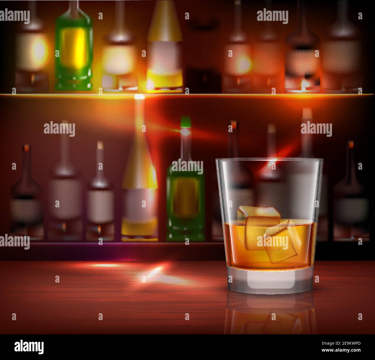 Bar counter realistic background with glass of whiskey in front vector ...