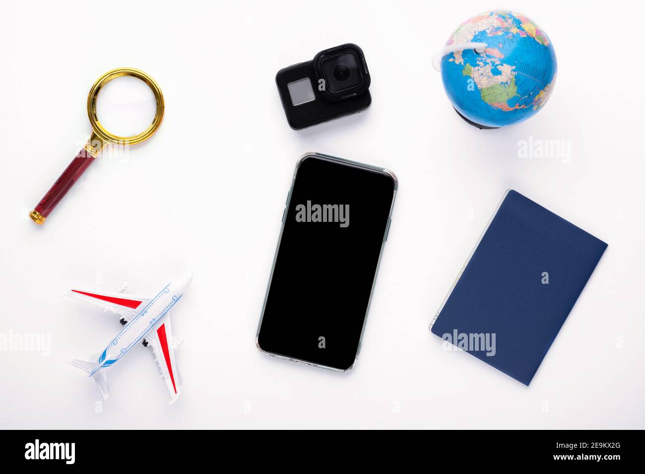 mock up for holiday magnifying glass, passport, phone, action camera ...