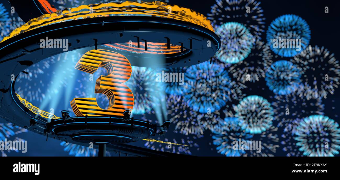 Number 3 formed by a yellow structure on a round metal platform ...