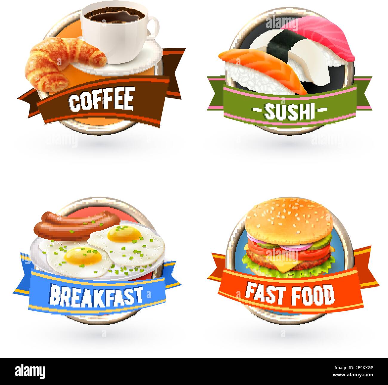 Breakfast labels set with coffee sushi fried egg fast food hamburger ...