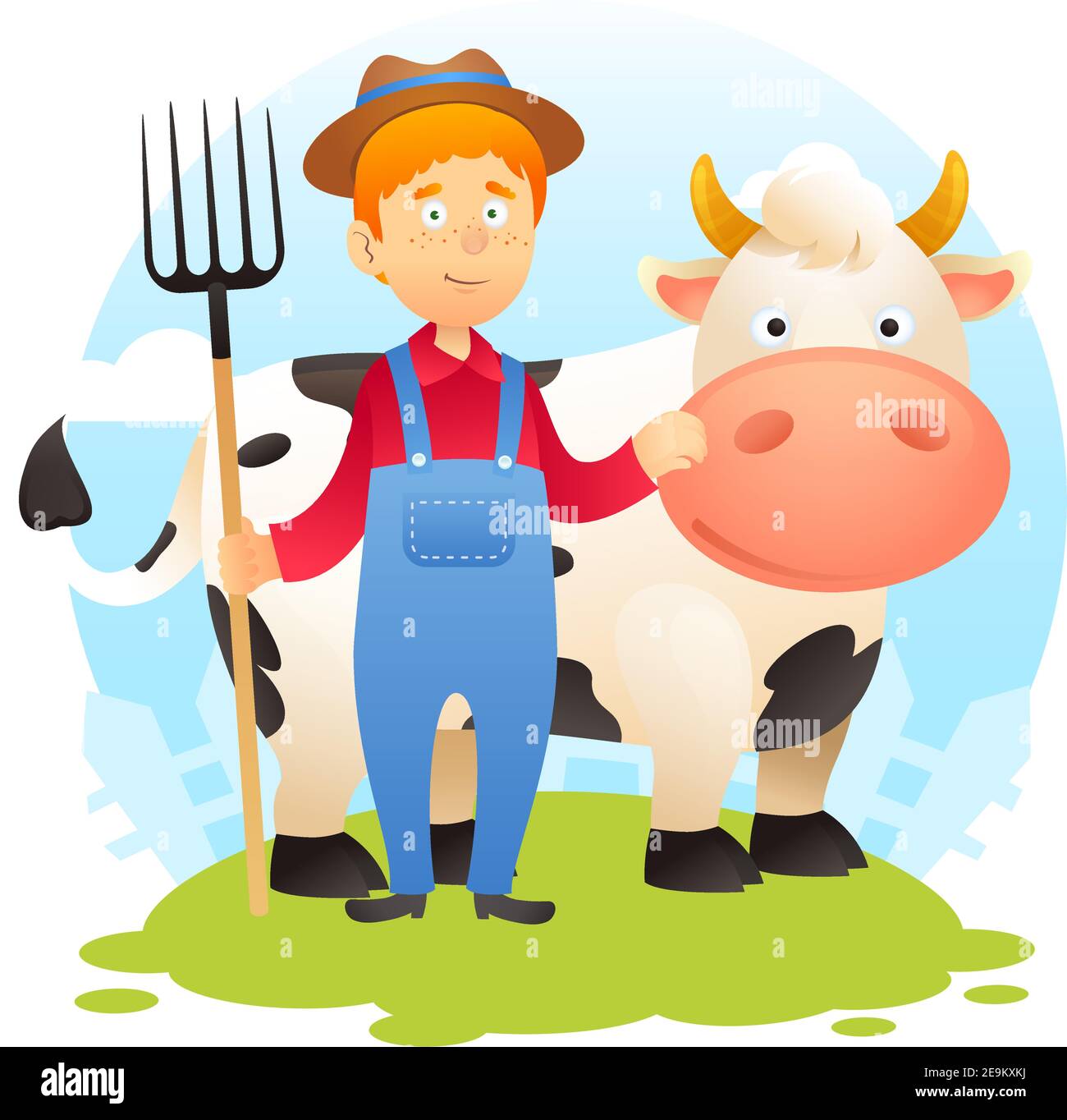 Farmer man with pitchfork and cow in a garden background vector ...