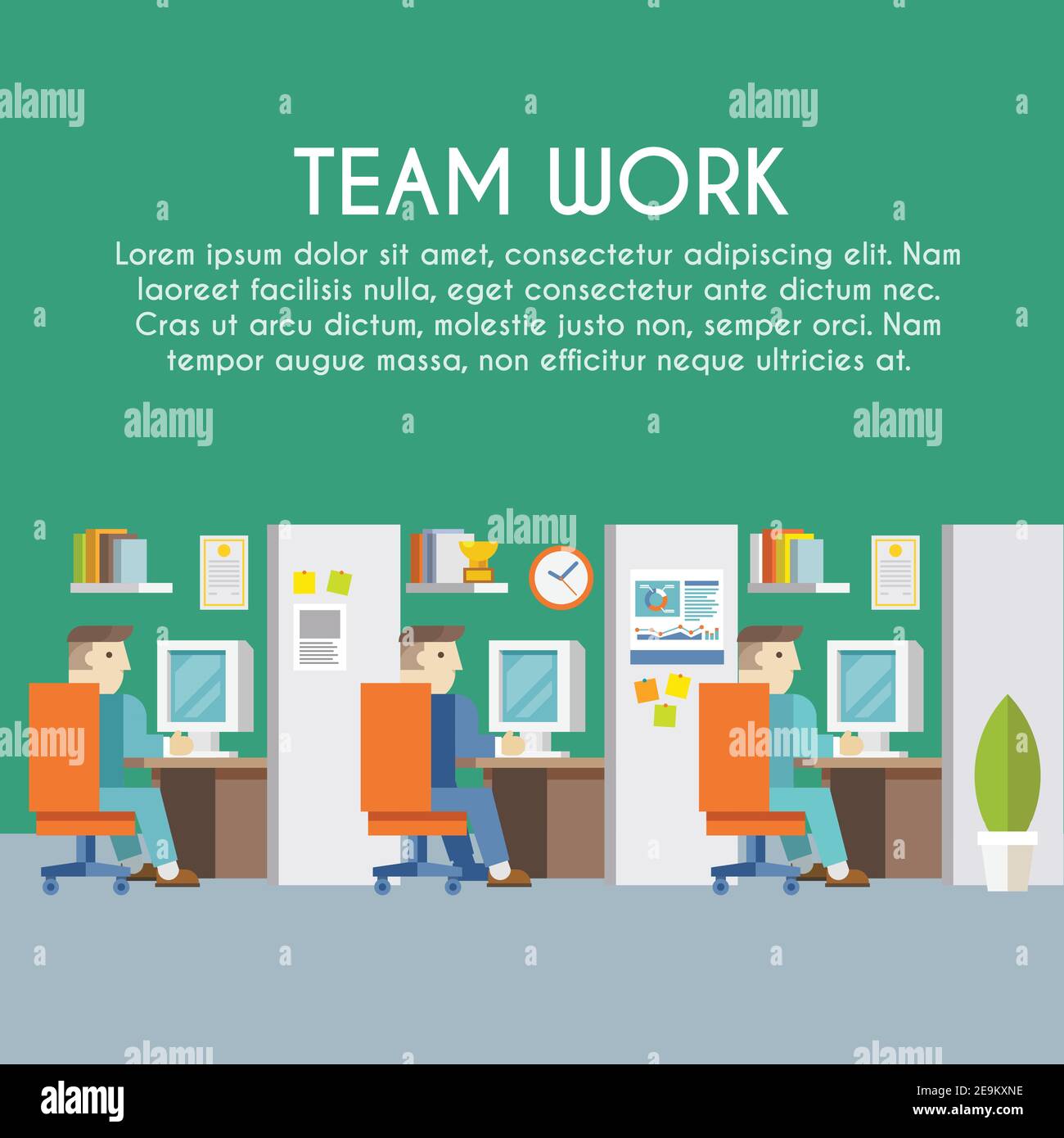 Businessman working poster with managers seating at computers in office ...