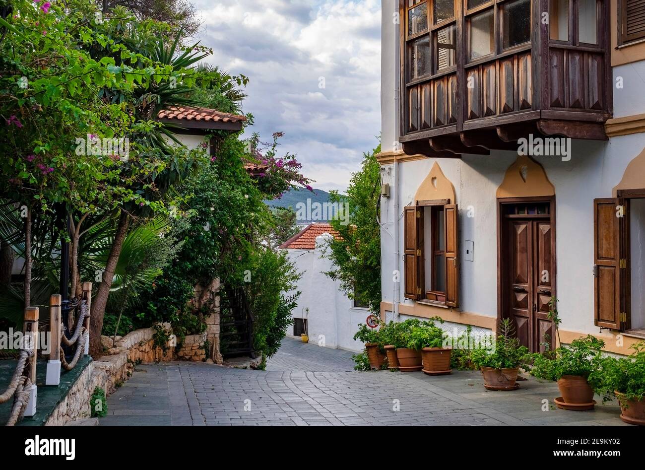 Cozy street and beautiful architecture in Kas Town, Turkey Stock Photo ...