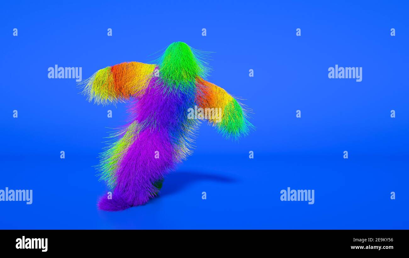 Funny hairy multicolored monster man character dancing . Furry beast ...