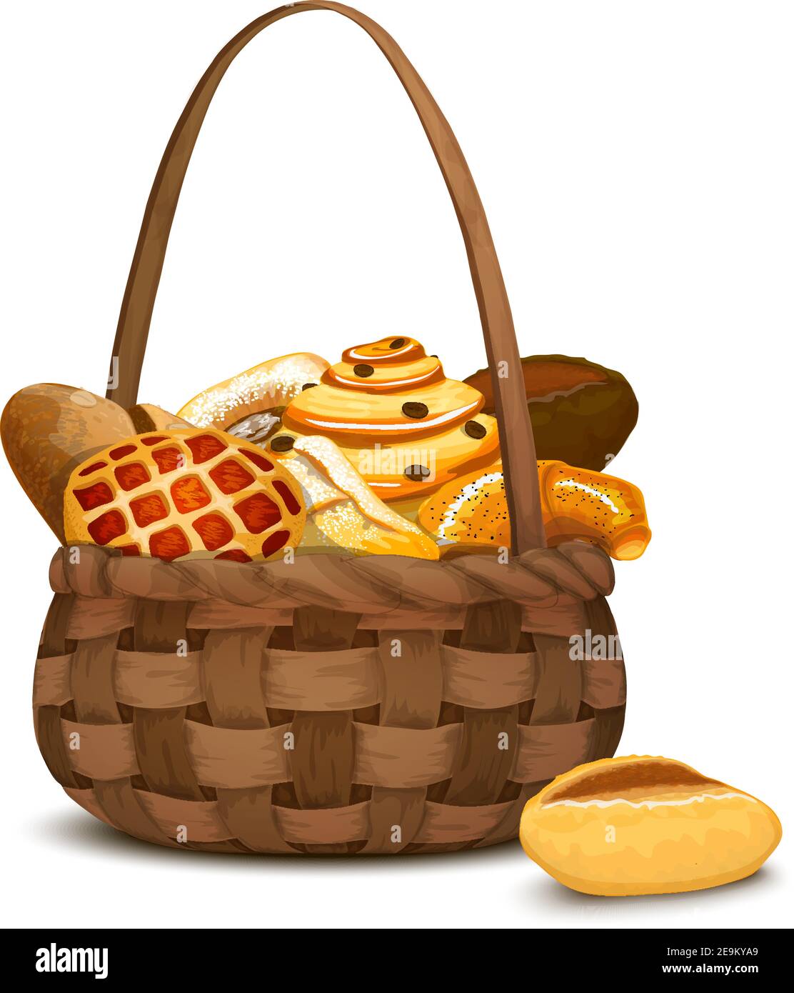 Fresh bakery and bread in traditional handmade hamper basket vector ...