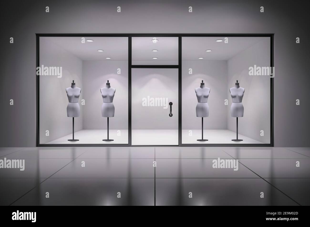 Realistic 3d store showcase interior with mannequins background vector ...