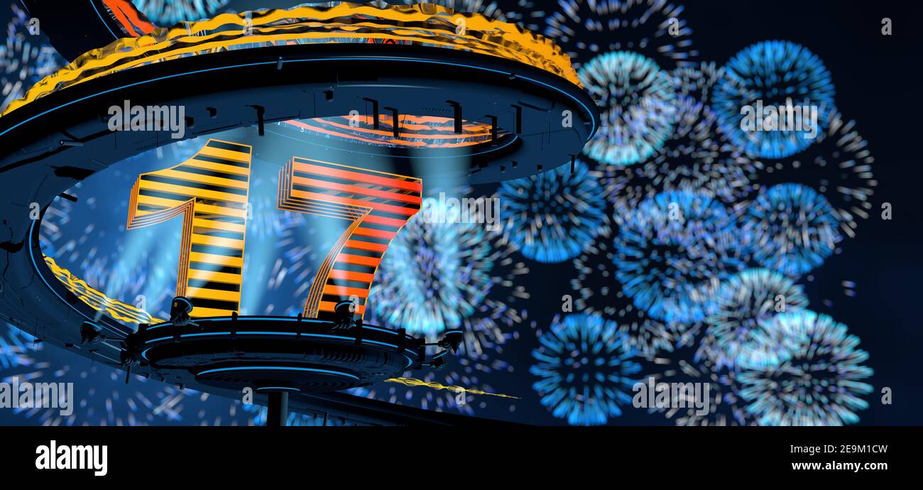 Number 17 formed by a yellow structure on a round metal platform ...