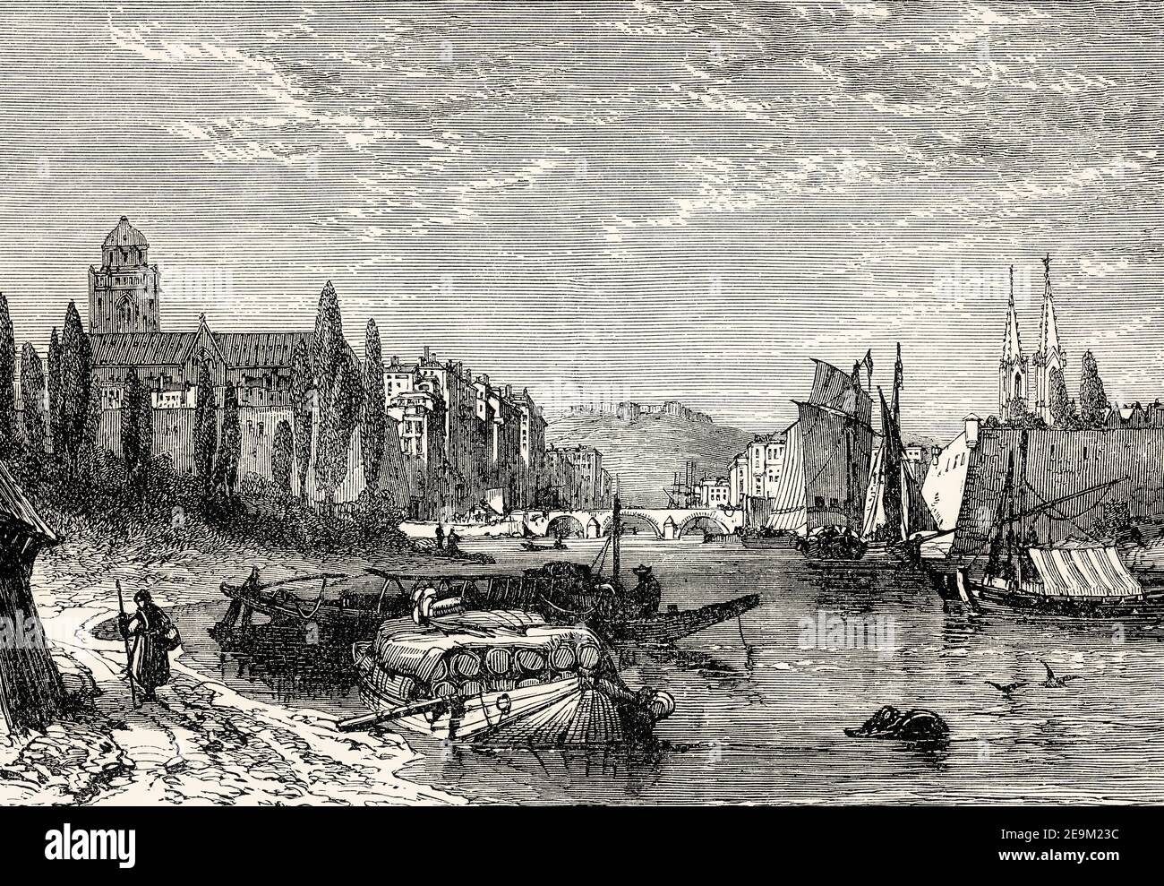 Historical view of Bayonne, early 19th century, department of Pyrénées ...