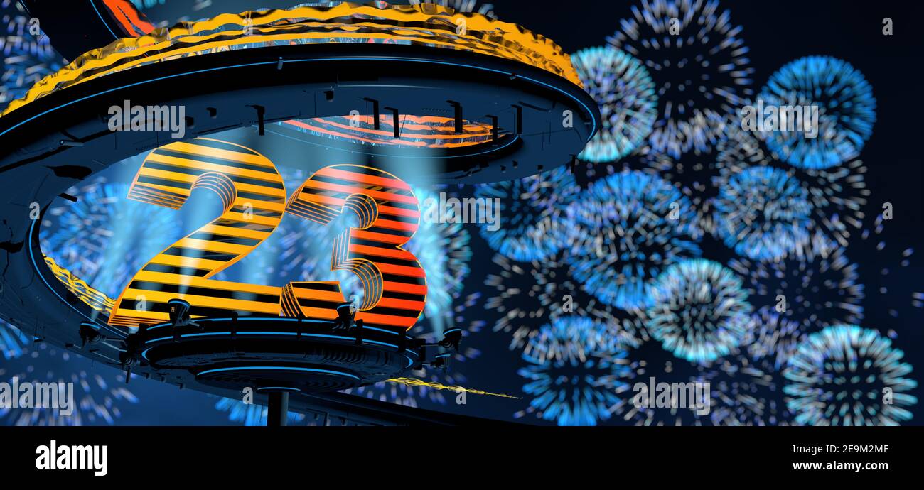 Number 23 formed by a yellow structure on a round metal platform ...