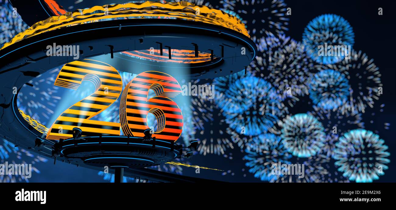 Number 26 formed by a yellow structure on a round metal platform ...