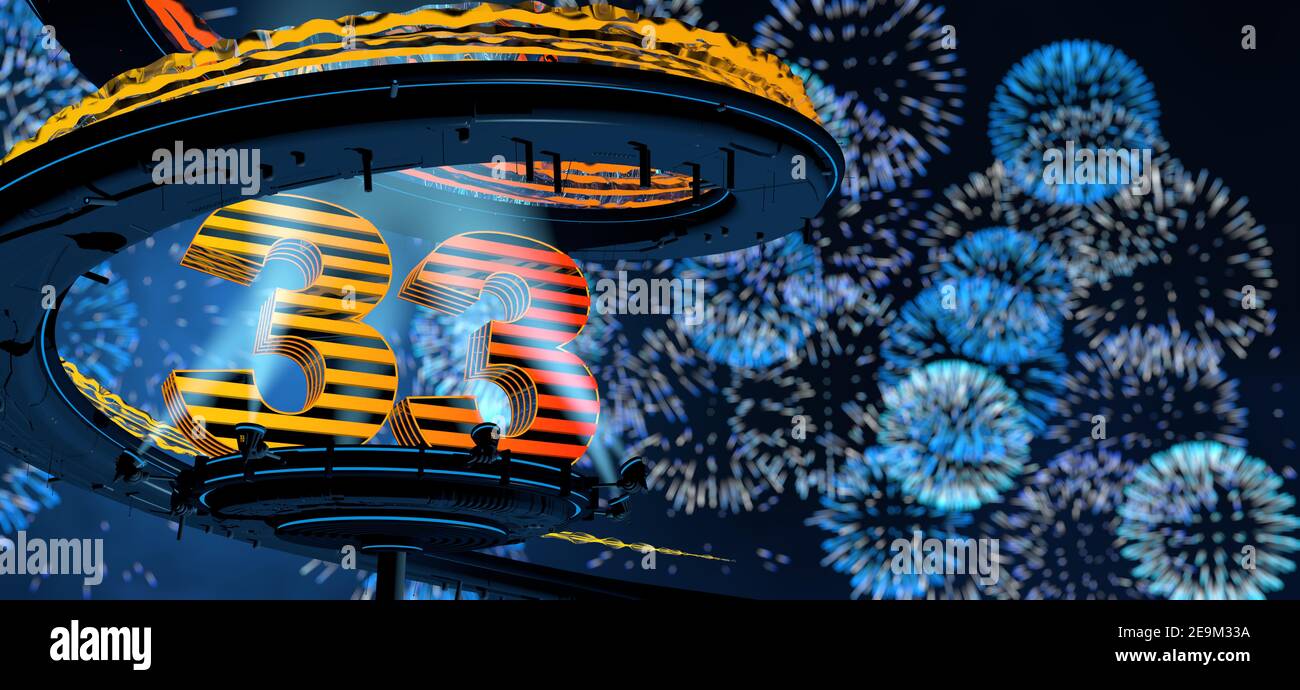 Number 33 formed by a yellow structure on a round metal platform ...