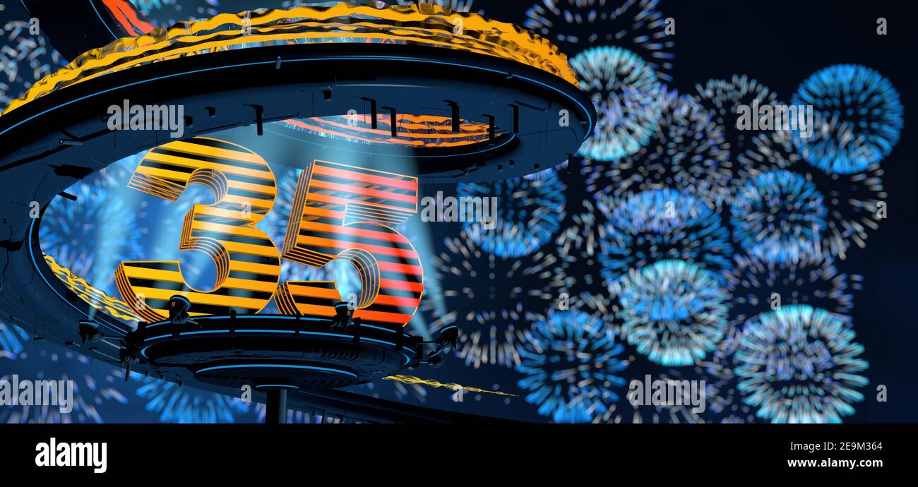 Number 35 formed by a yellow structure on a round metal platform ...