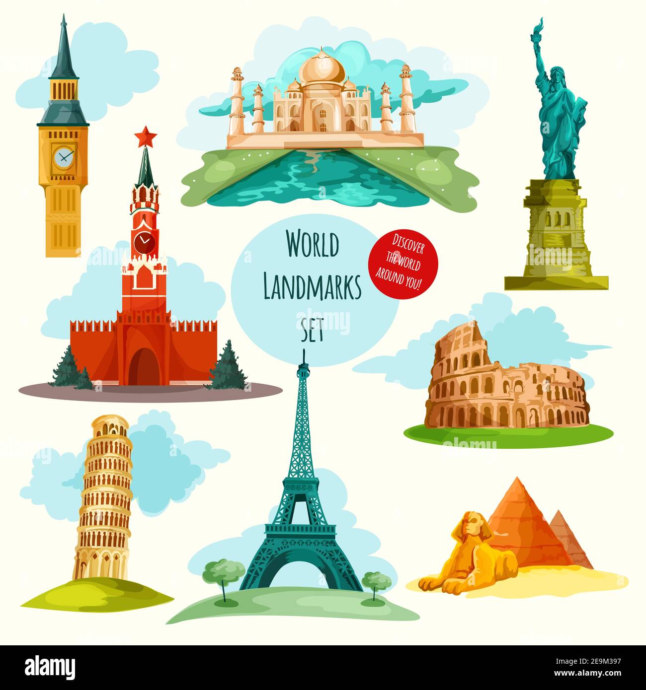 World landmarks decorative icons set with eiffel tower big ben coliseum ...