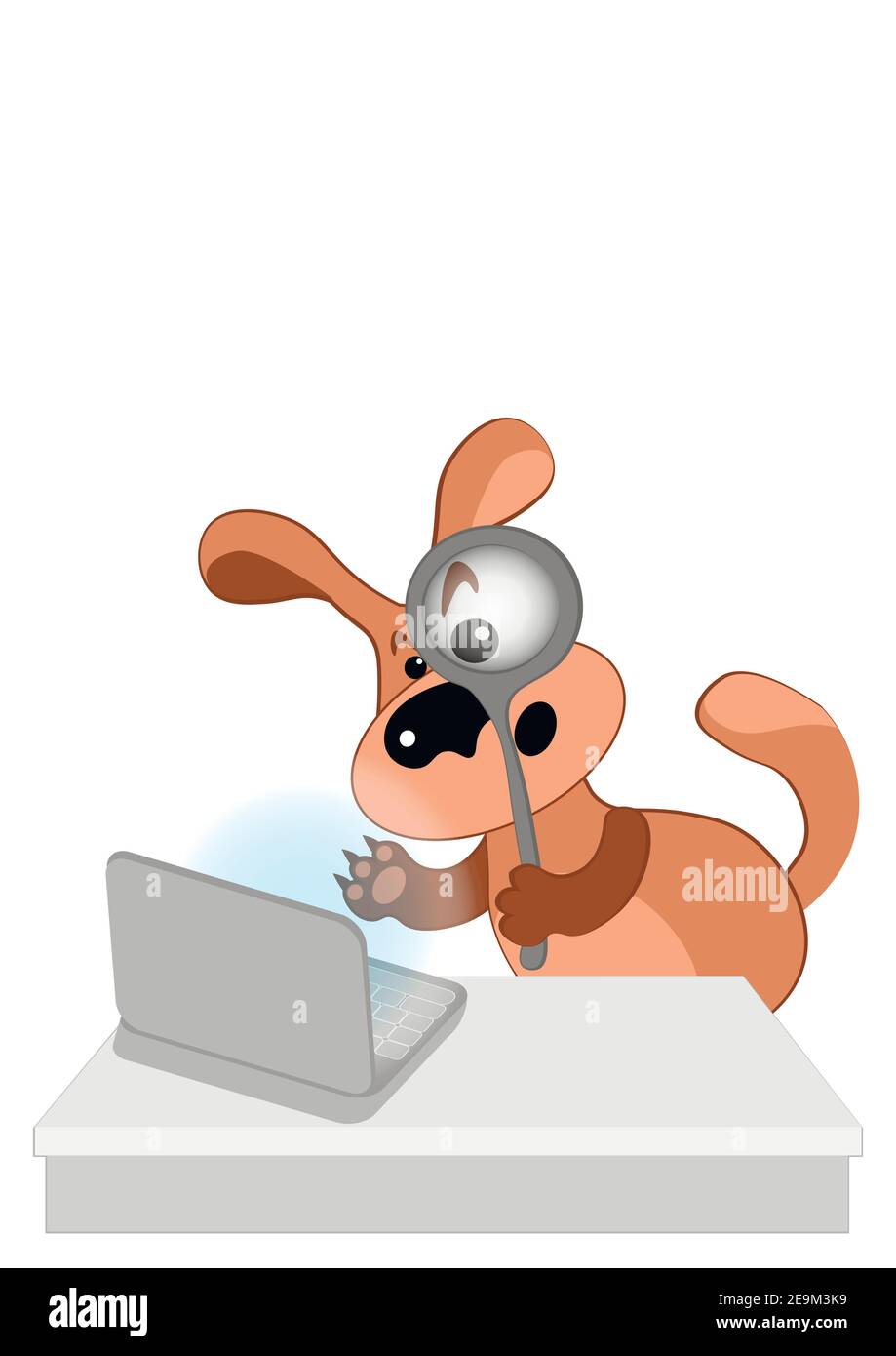 The dog looks at the news in the computer with surprise through a ...