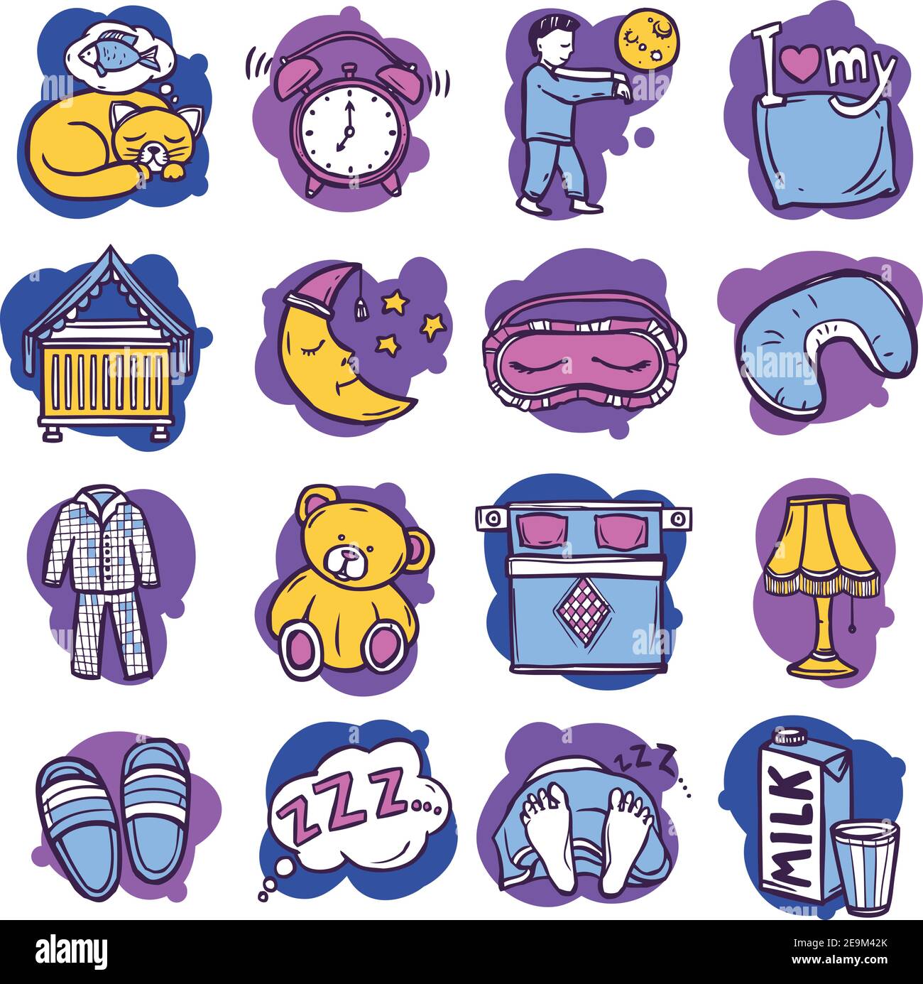 Sleep time hand drawn decorative icons set with mask milk alarm clock ...