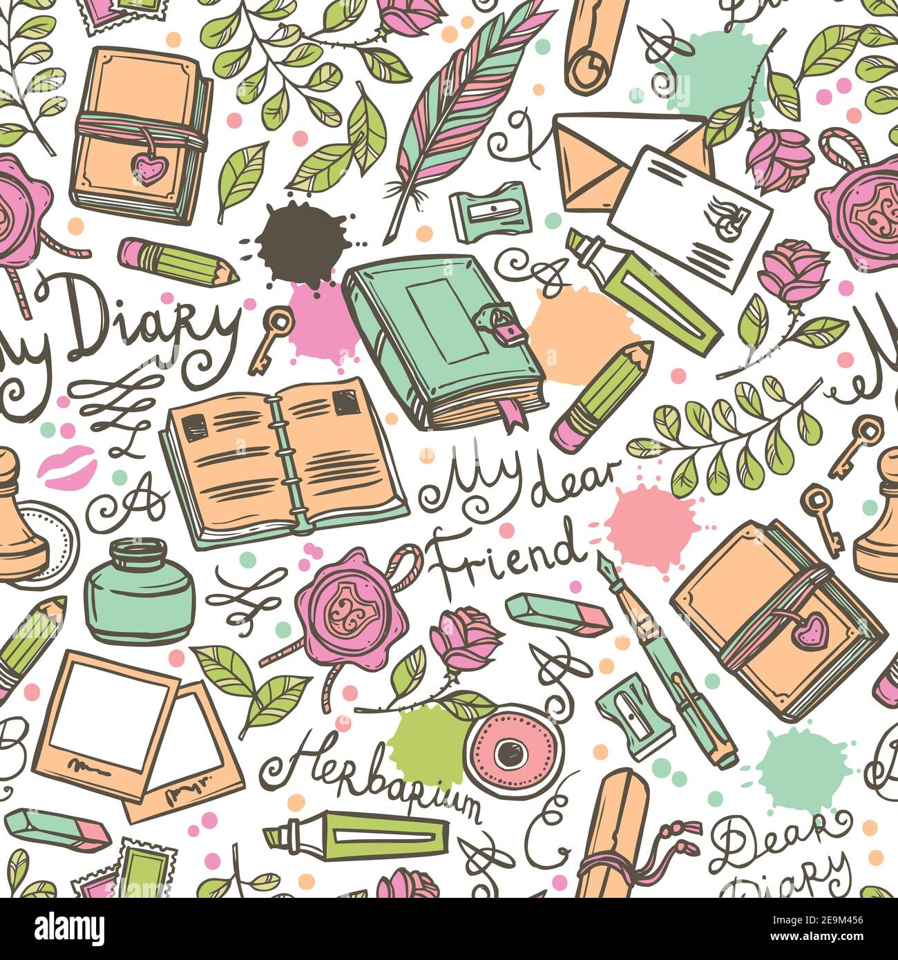 Diary hand drawn seamless pattern with herbarium love letter and ...