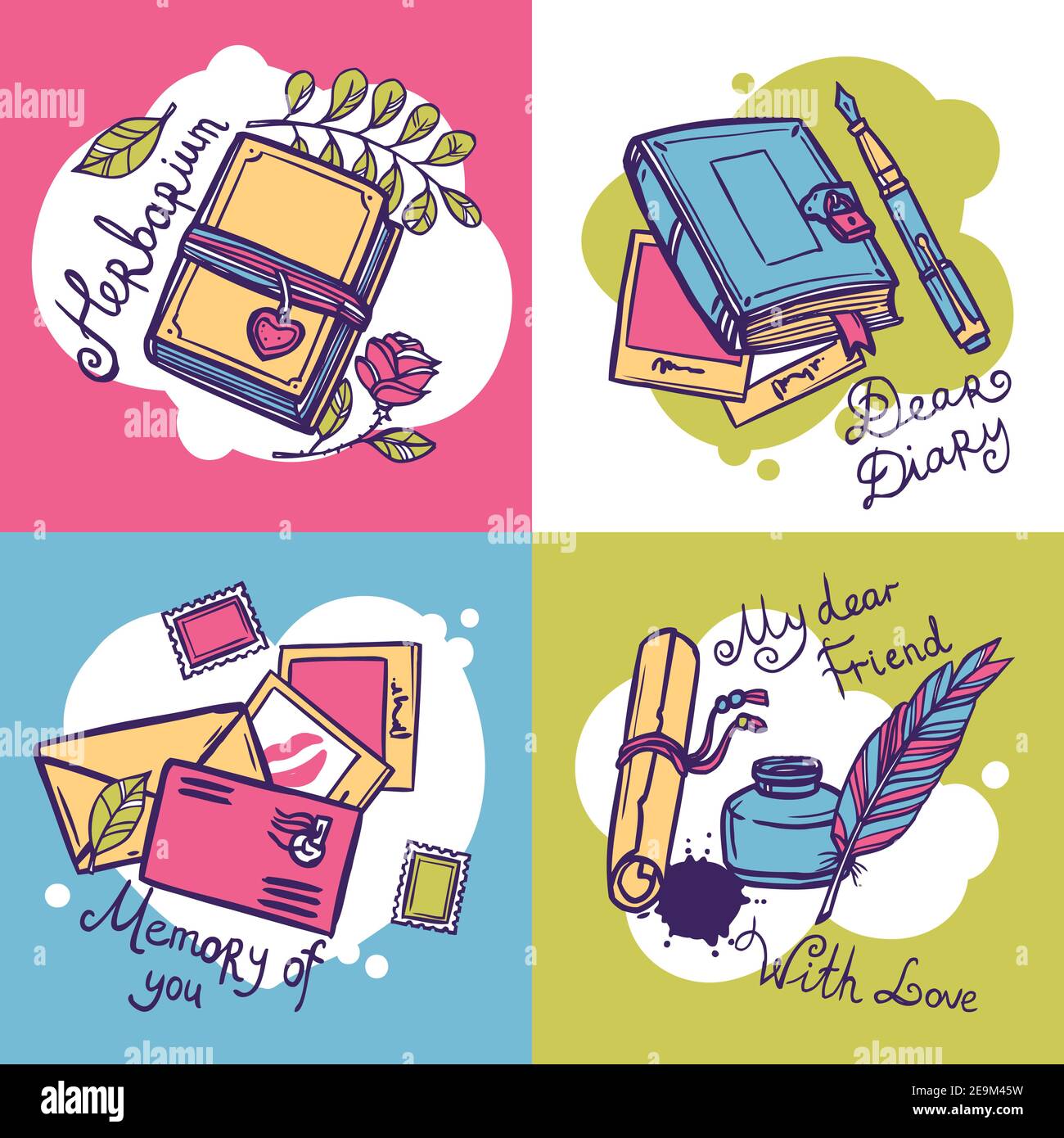 Diary design concept set with herbarium love letter hand drawn icons ...