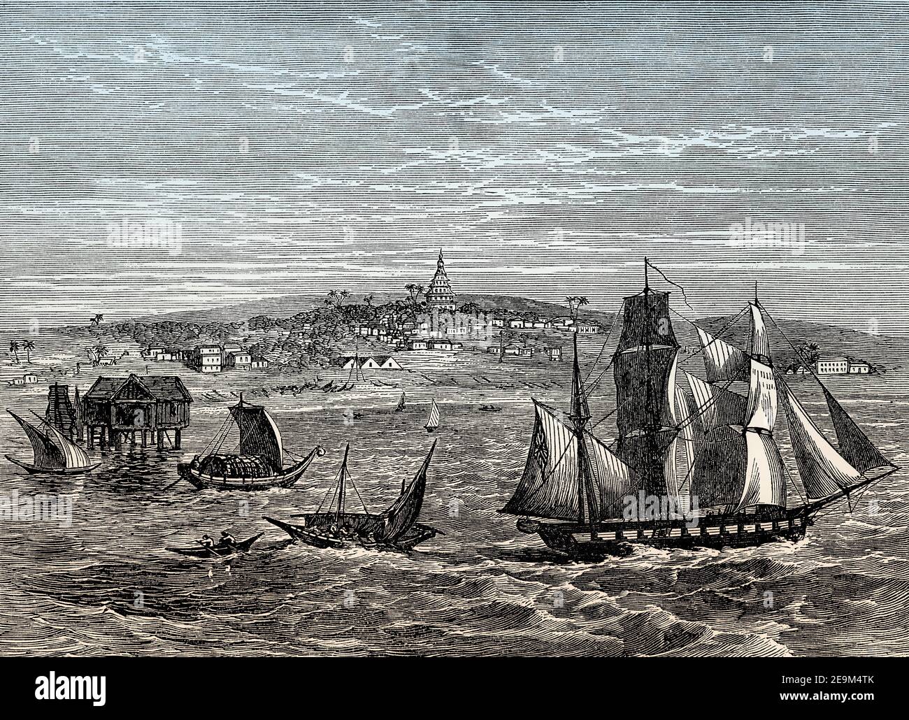 Historical view of Yangon also known as Rangoon, Myanmar, early 19th ...