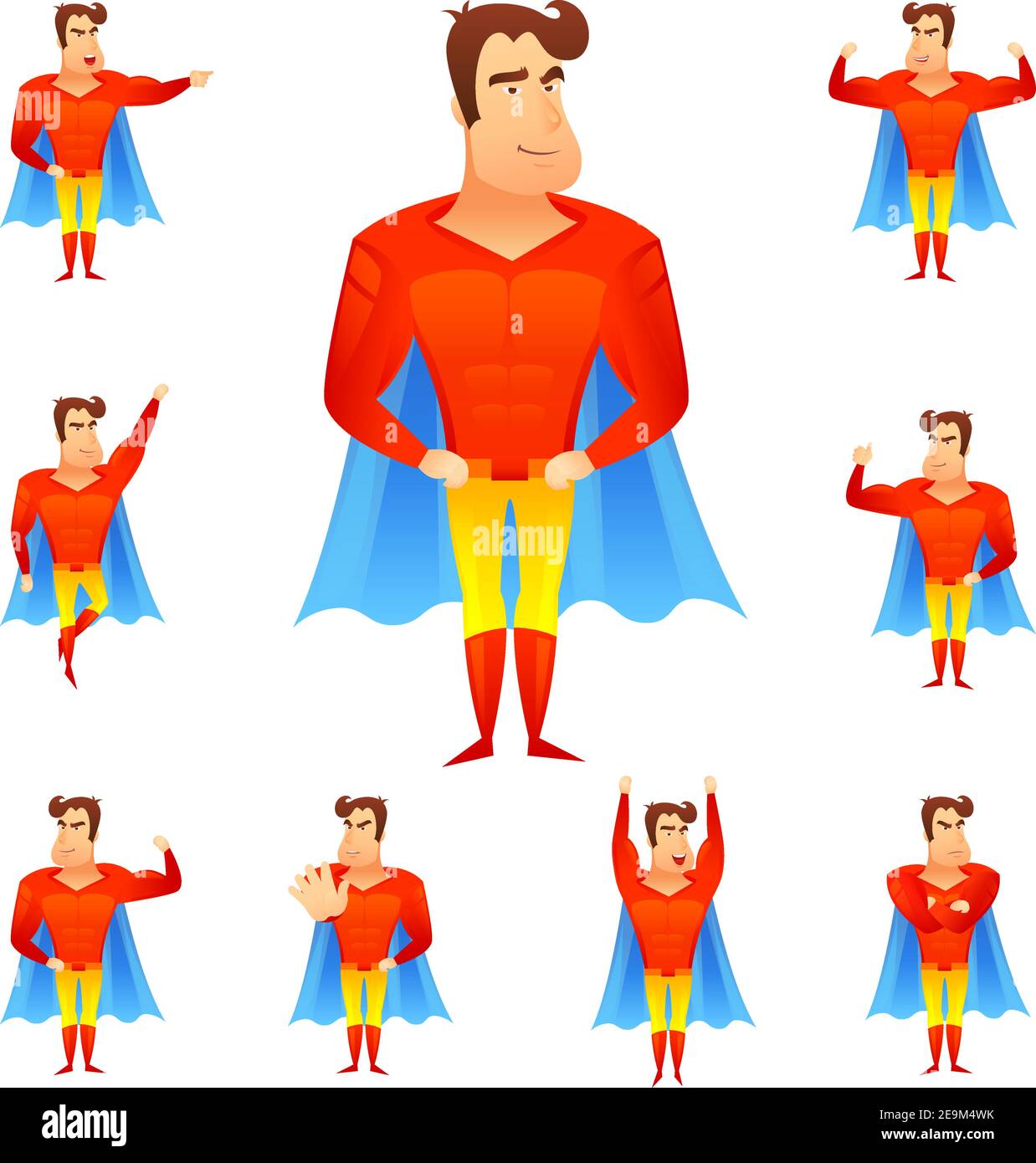 Superhero in red costume and blue cape in different poses avatar set ...