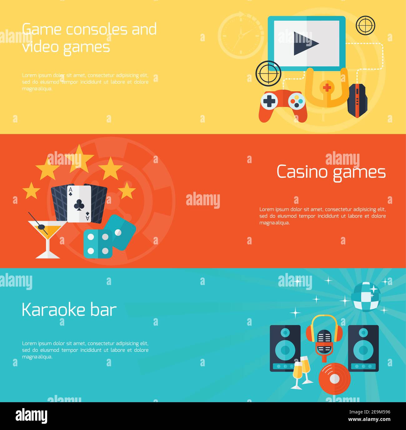 Entertainment horizontal banner set with video casino games karaoke bar ...