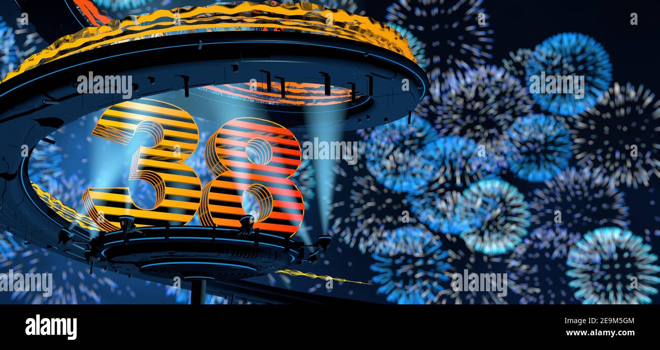 Number 38 formed by a yellow structure on a round metal platform ...
