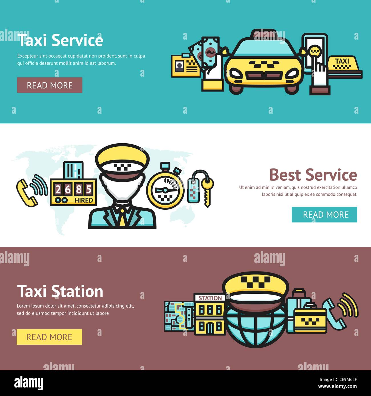 Taxi service horizontal banner set with transportation elements ...