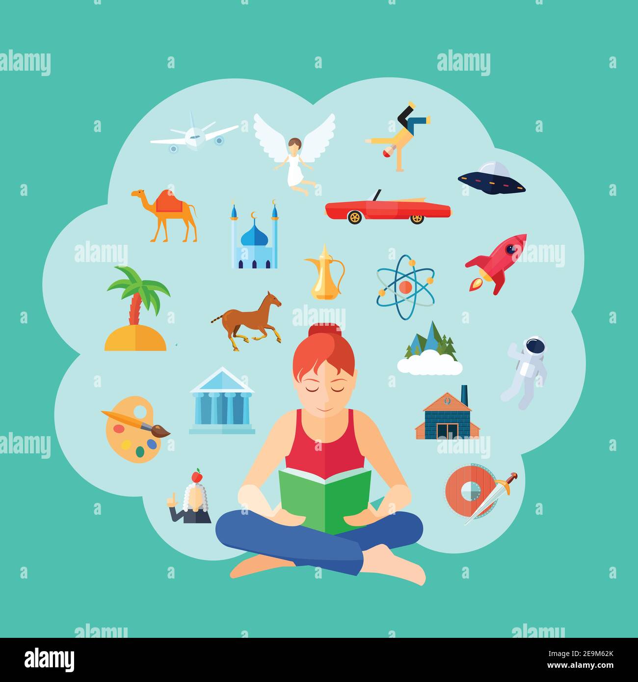 Reading concept with young girl sitting and imagination symbols set ...