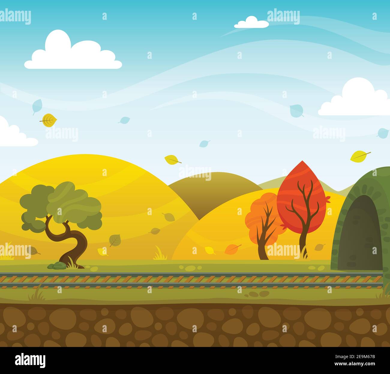Autumn railway 2d game landscape with roadway and hills on background ...