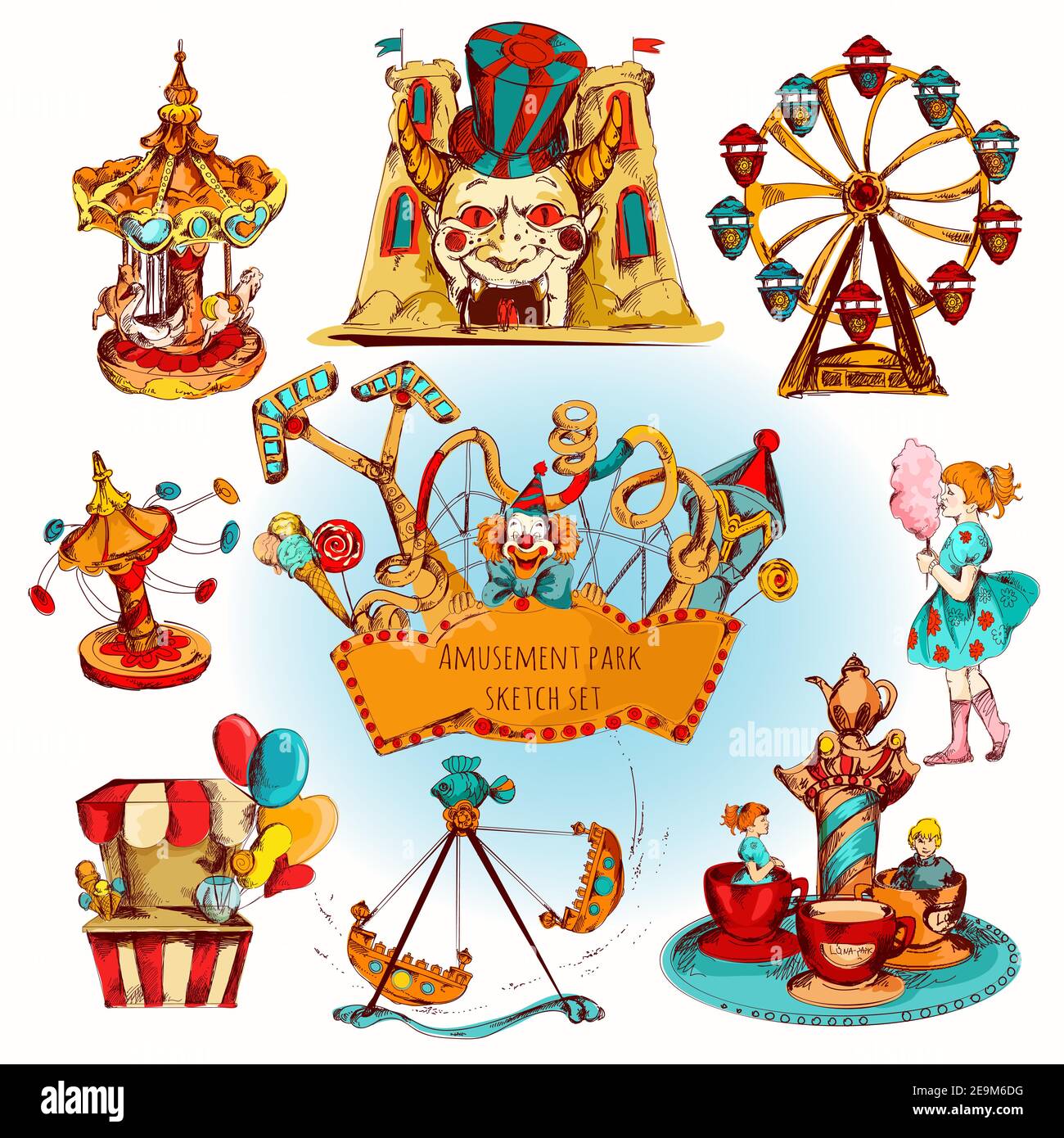 Amusement kids entertainment park decorative icons colored set isolated ...