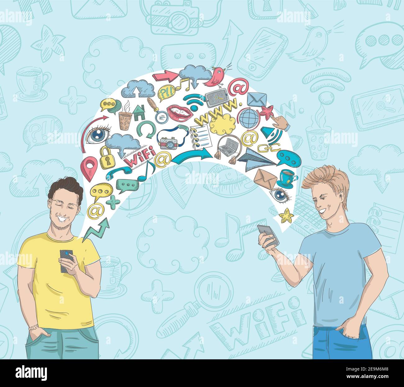 Social network activity poster with sketch communication icons and ...