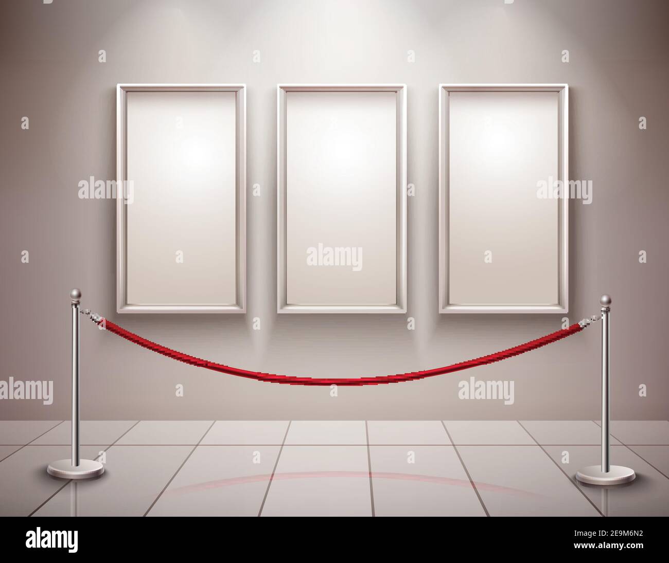 Three realistic empty picture frames with stanchion museum exhibition ...
