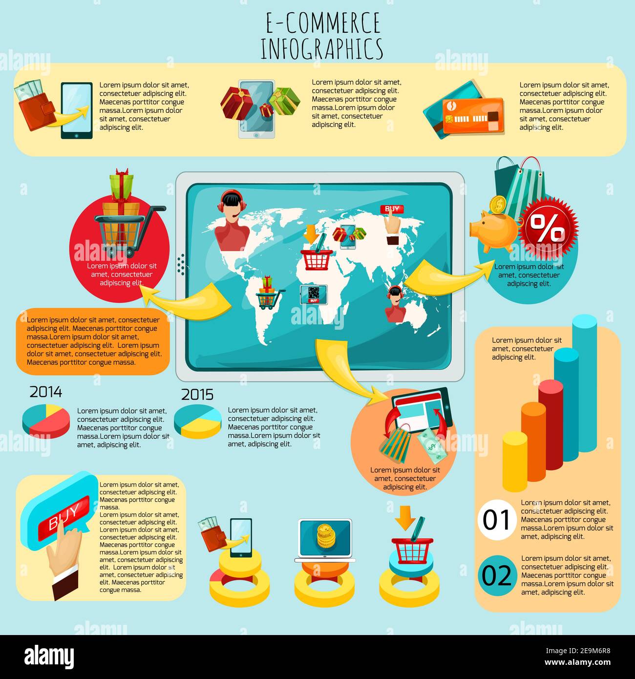 E-commerce infographics set with tablet computer online shopping ...