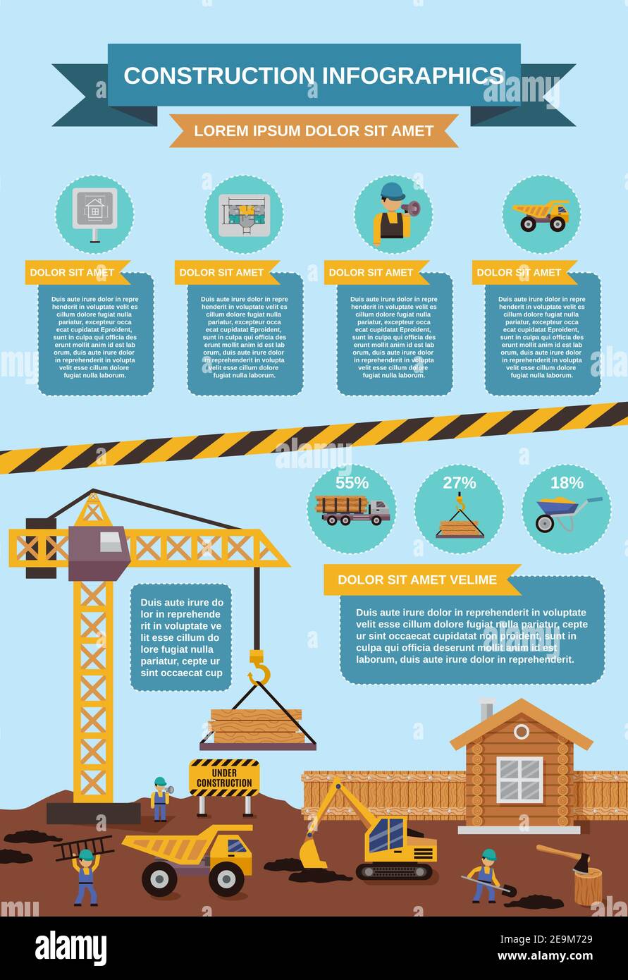 Construction infographics set with trucks excavator and building ...