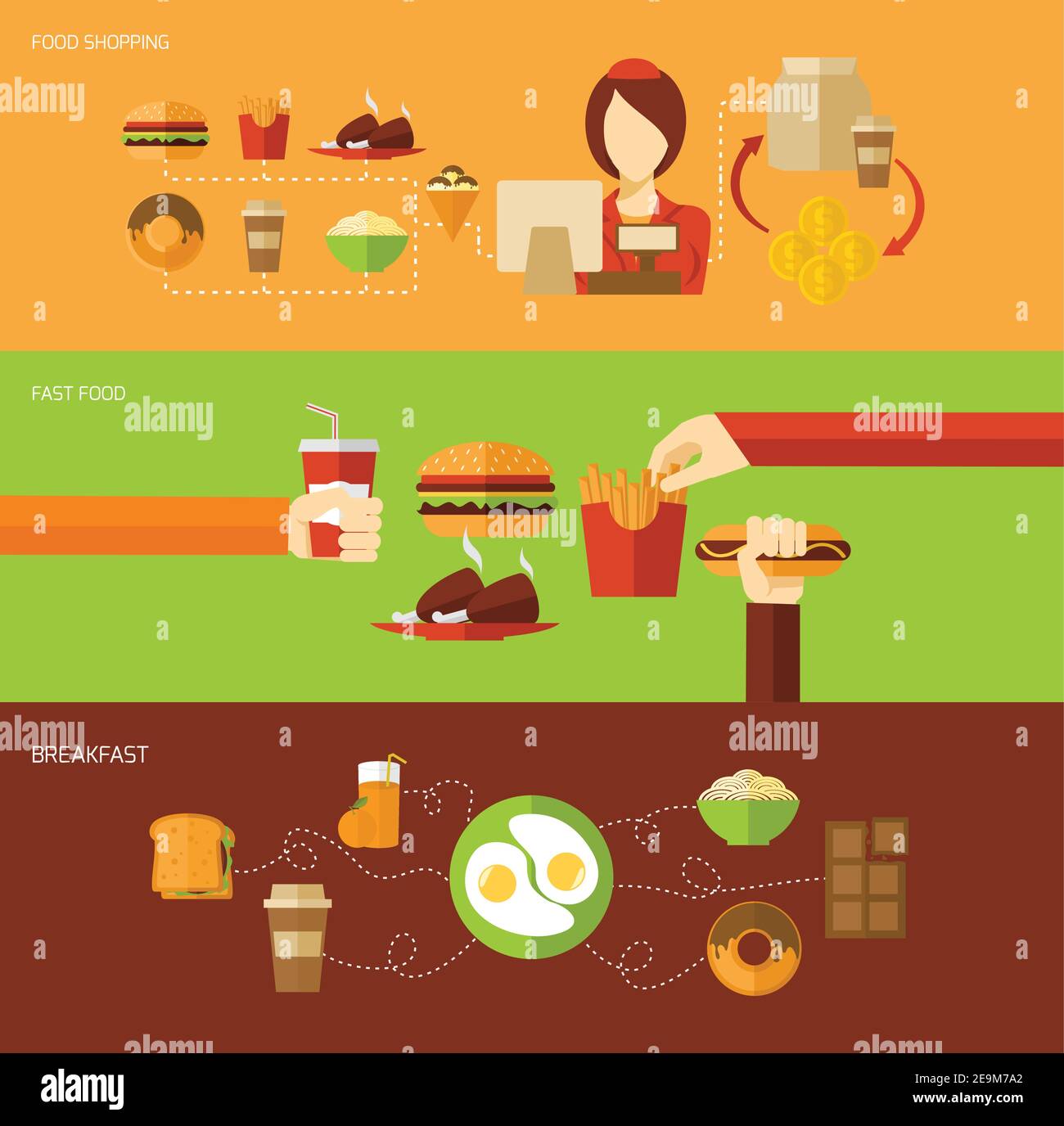 Fast food banner set with breakfast shopping elements isolated vector ...