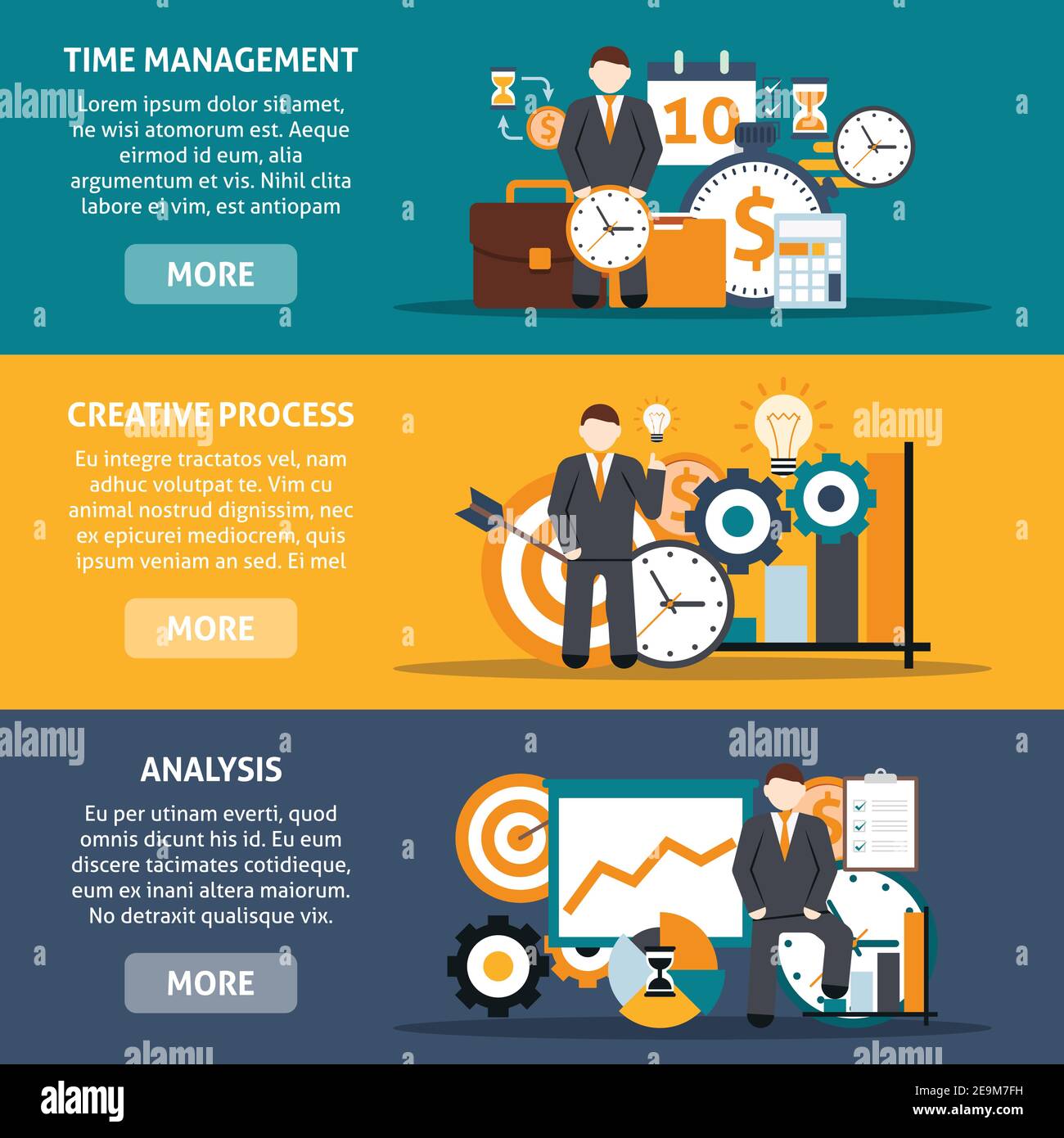 Time management horizontal banners set with creative process and ...