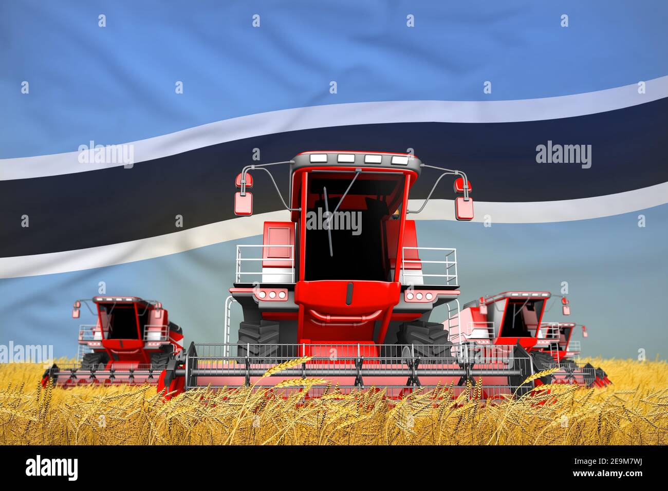 industrial 3D illustration of 4 bright red combine harvesters on rye ...